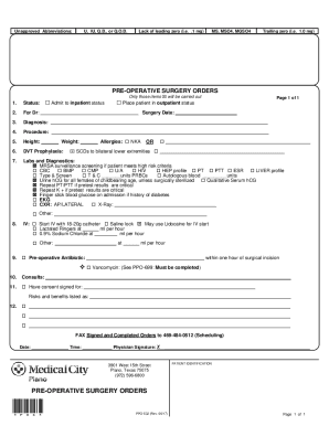 Fillable Online Pre-Operative Surgery Orders. Forms Fax Email Print ...