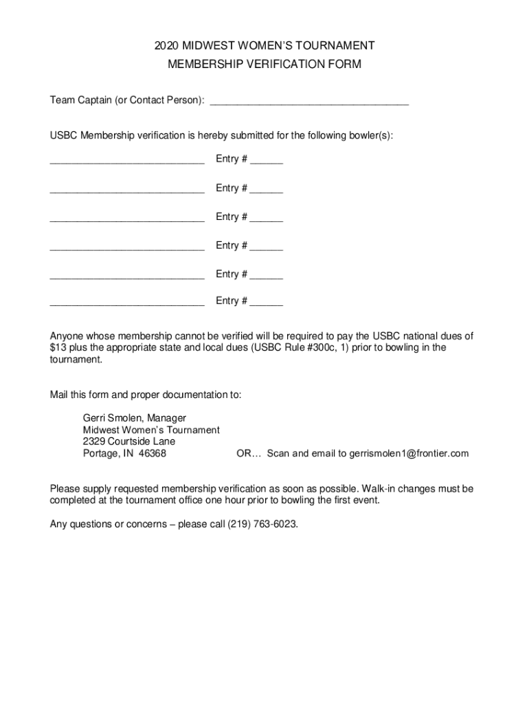 Fillable Online 2020 MIDWEST WOMENS TOURNAMENT MEMBERSHIP VERIFICATION ...