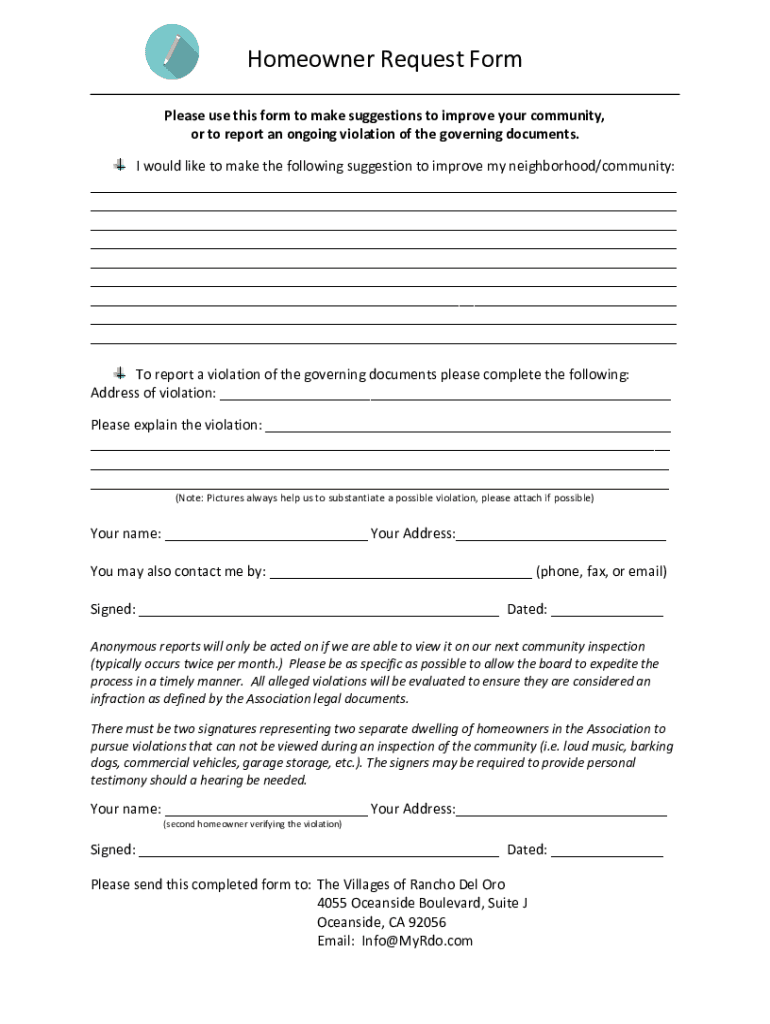 Fillable Online Homeowner Request Form - Rancho del Oro Fax Email Print ...