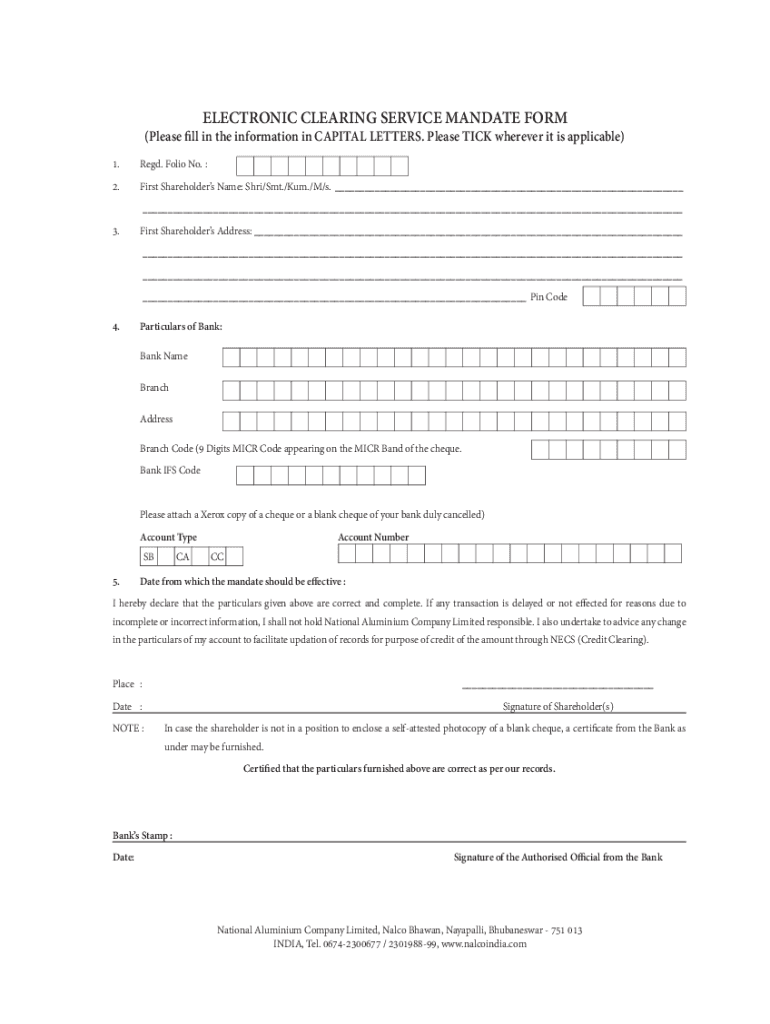 Fillable Online ELECTRONIC CLEARING SERVICE MANDATE FORM (Please fill ...