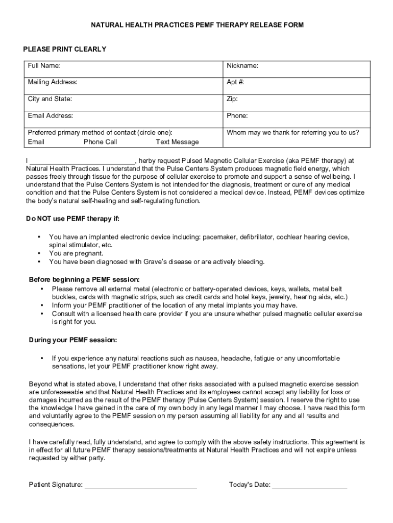 Fillable Online PEMF Release Form - Natural Health Practices Fax Email ...