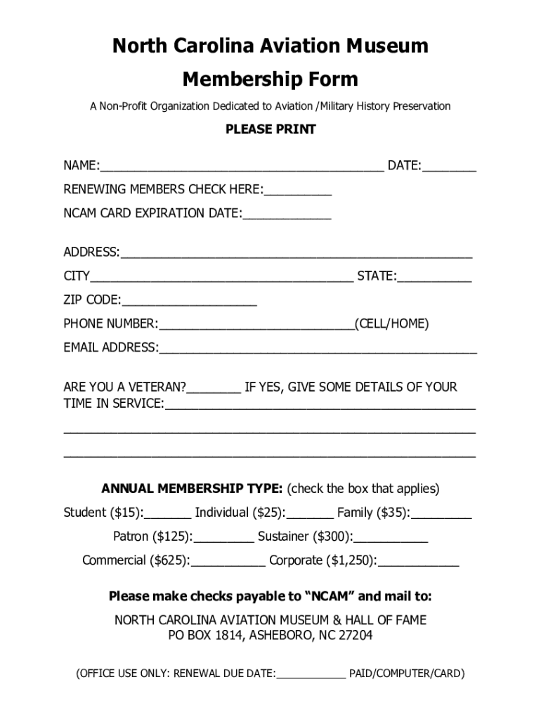 Fillable Online North Carolina Aviation Museum Membership Form Fax ...