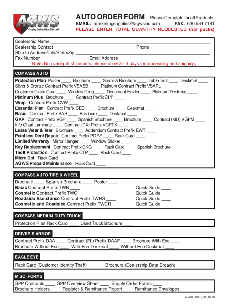 Fillable Online AUTO ORDER FORM - American Guardian Warranty Services ...