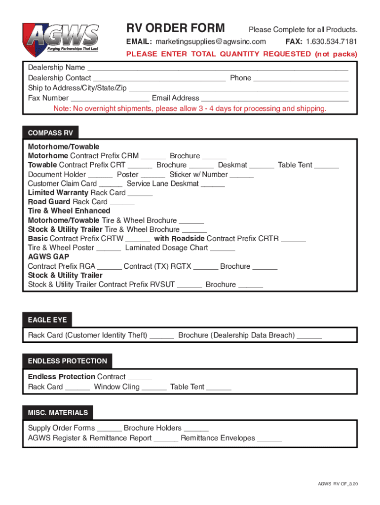 Fillable Online RV ORDER FORM Fax Email Print - pdfFiller