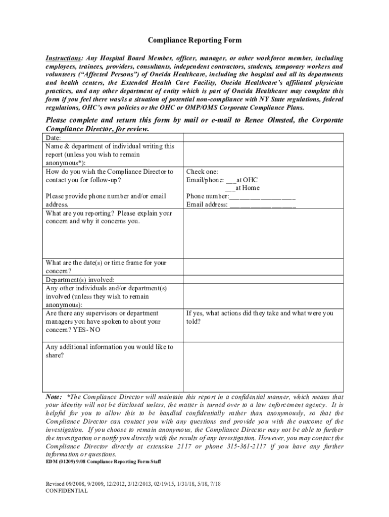 Fillable Online FORM Compliance Reporting Form Staff (01209) rev 071318 ...