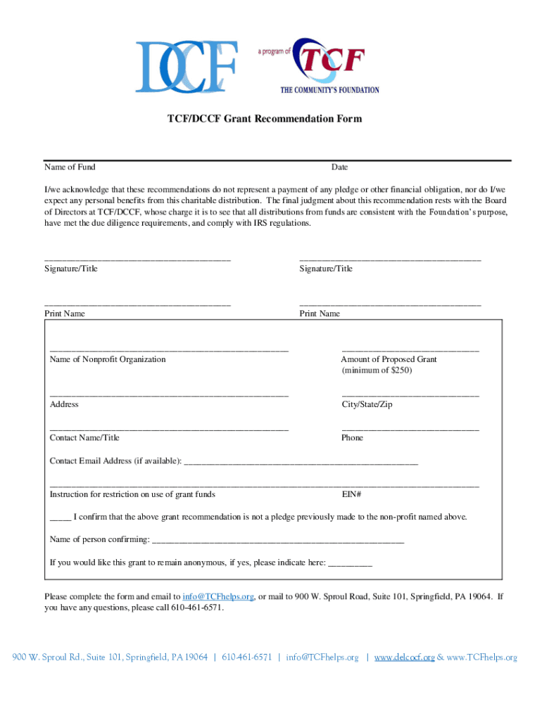 Fillable Online TCF/DCCF Grant Recommendation Form Fax Email Print ...