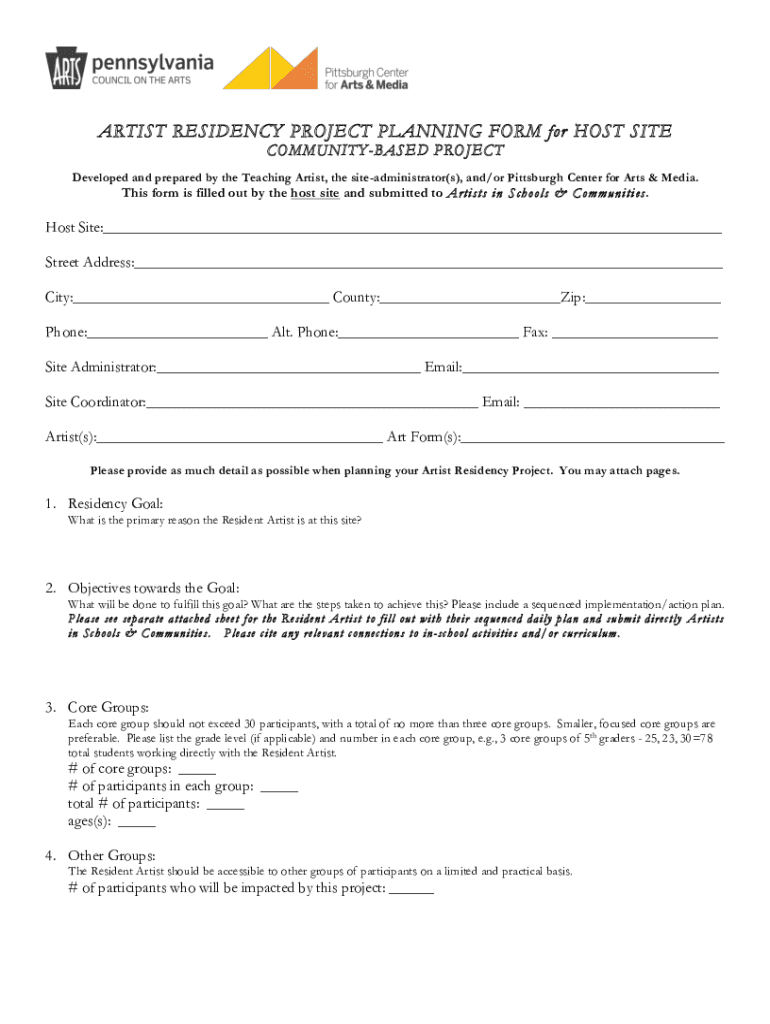 Fillable Online ARTIST RESIDENCY PROJECT PLANNING FORM for HOST SITE ...