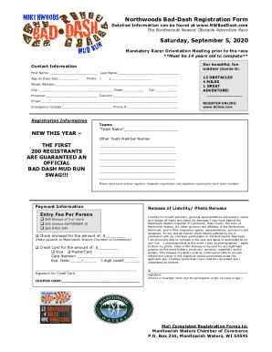 Fillable Online Fillable Online Northwoods Bad-Dash Registration Form ...