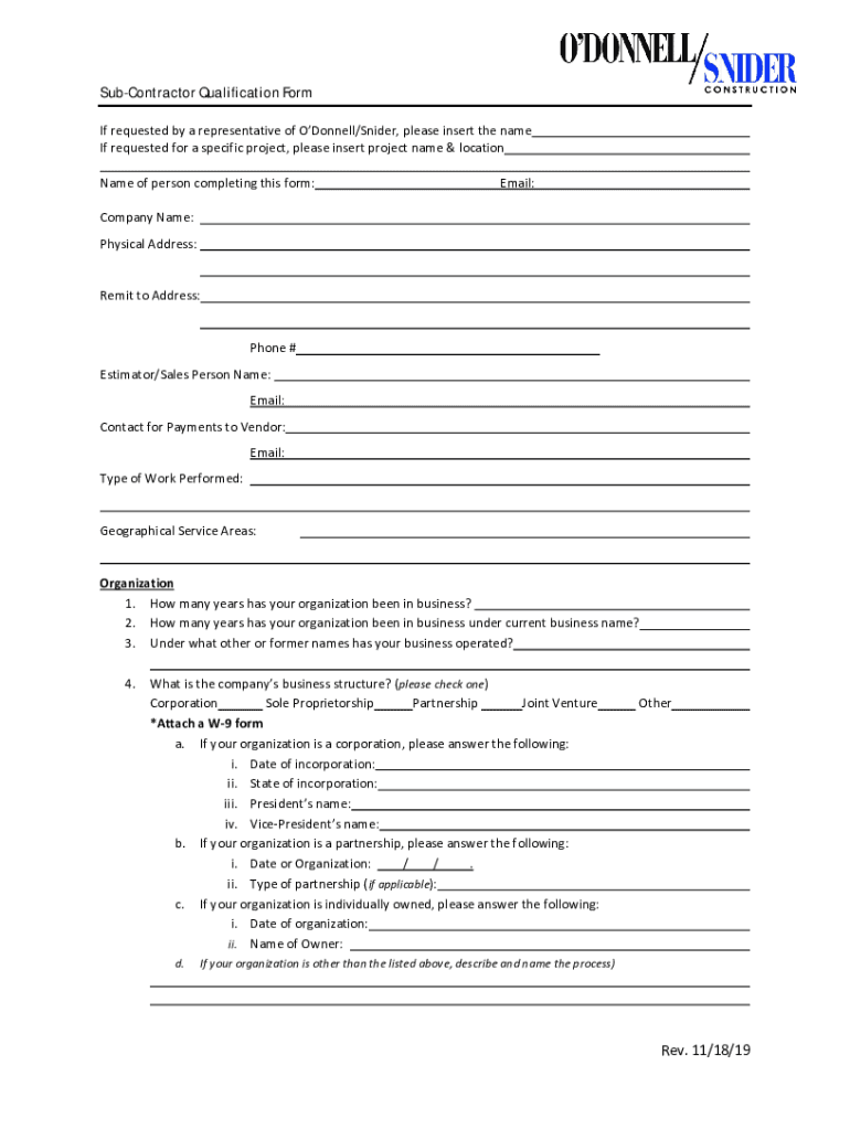 Fillable Online Subcontractor qualification form revised 11-08-19 Fax ...