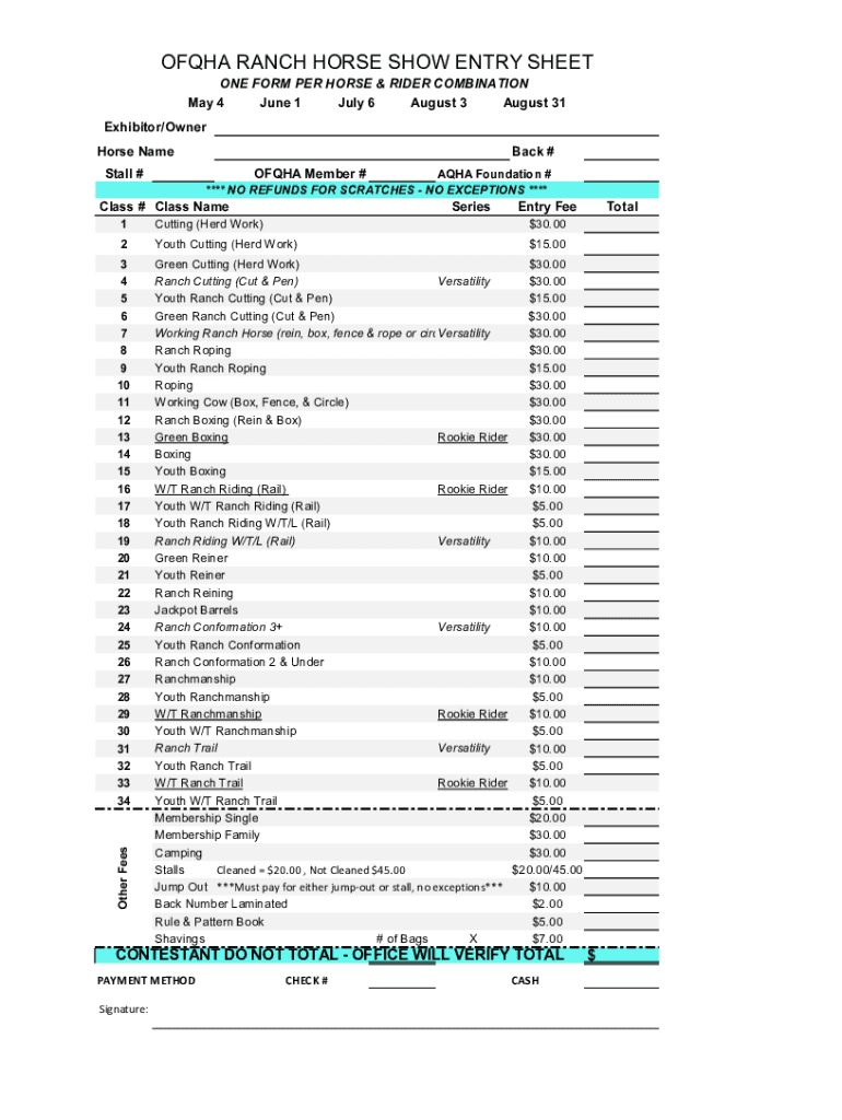 Fillable Online OFQHA RAN H HORSE SHOW ENTRY SHEET Fax Email Print ...