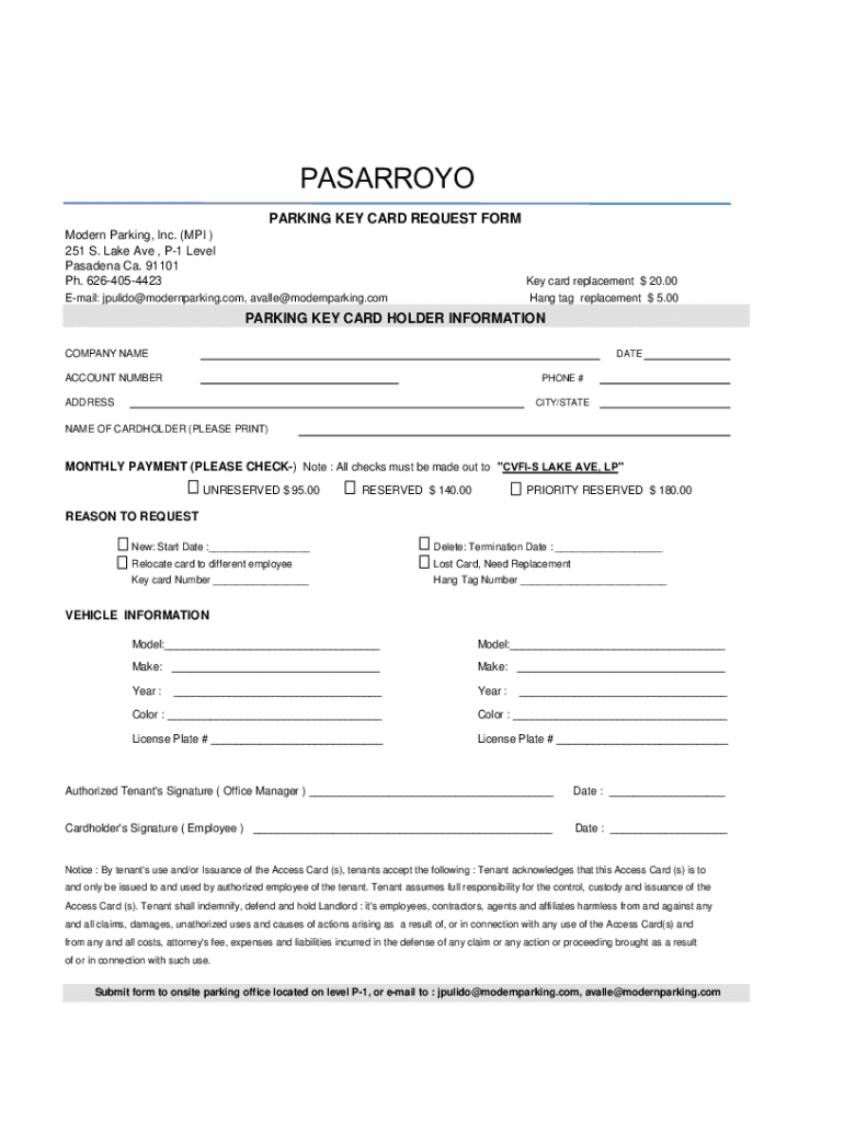 Fillable Online PARKING KEY CARD REQUEST FORM PARKING KEY CARD ...