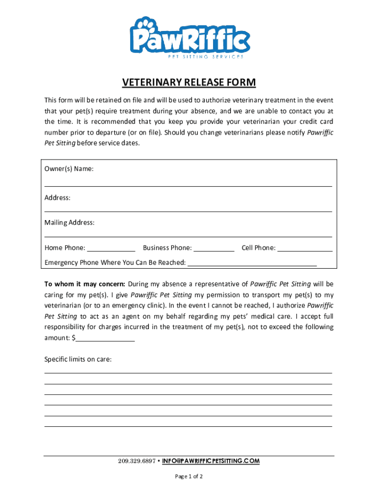 Fillable Online VETERNARIAN RELEASE FORM This form will be retained on ...