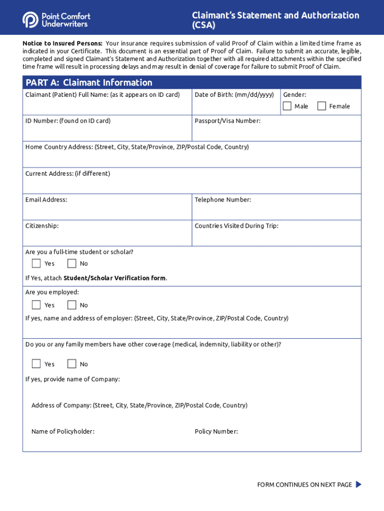 Fillable Online Claimants Statement and Authorization (CSA) Fax Email ...