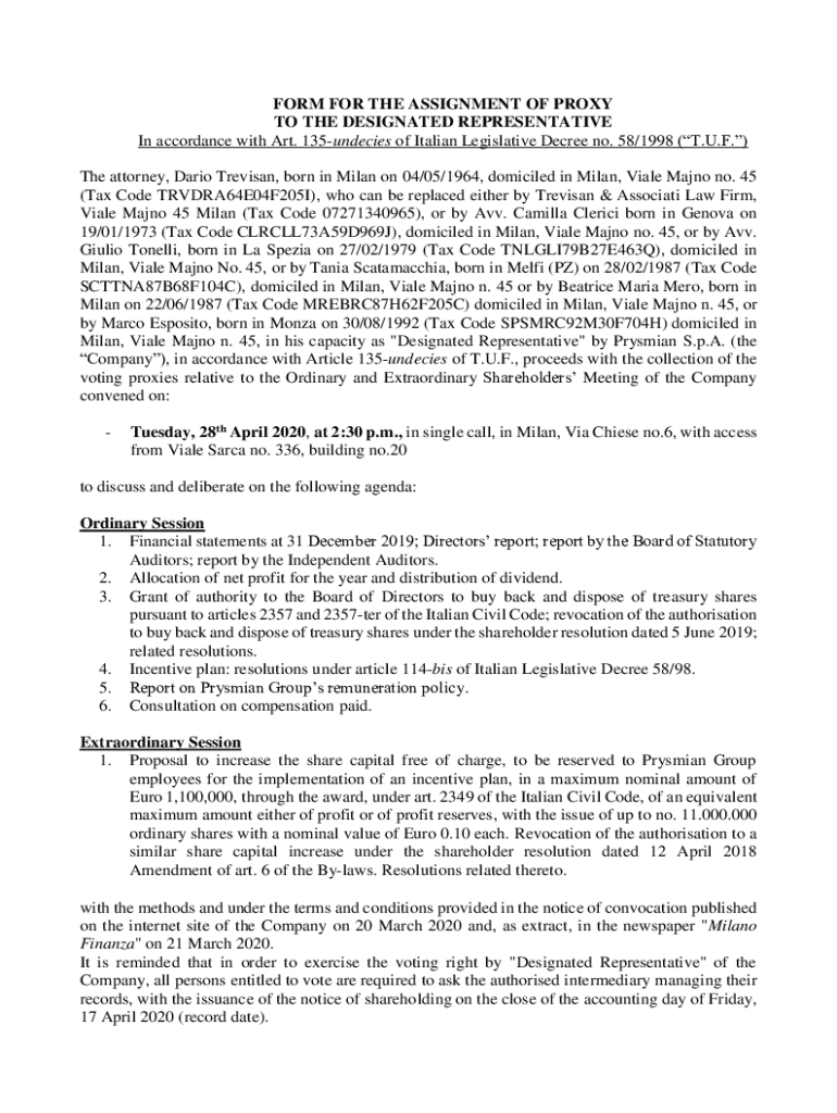 Fillable Online RECORDATI S.P.A. DESIGNATED REPRESENTATIVE PROXY FORM ...
