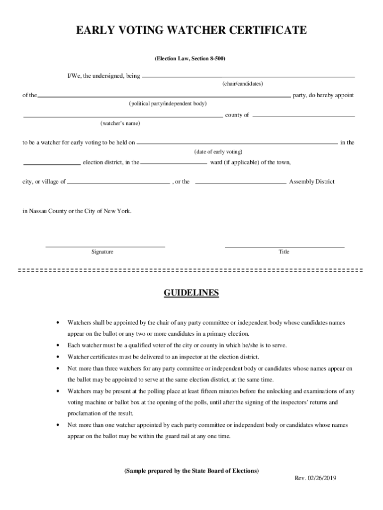 Fillable Online FORM POLL WATCHER CERTIFICATE EARLY VOTING Fax Email ...