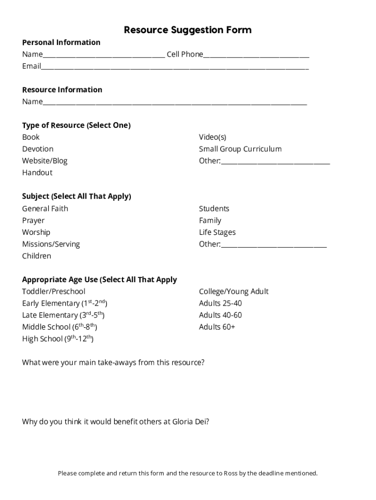 Fillable Online Resource Suggestion Form Fax Email Print - pdfFiller