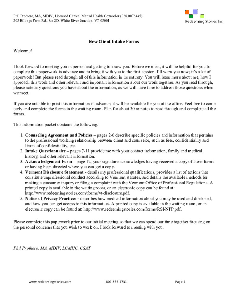 Fillable Online Phil Prothero, MA, MDIV, Licensed Clinical Mental ...