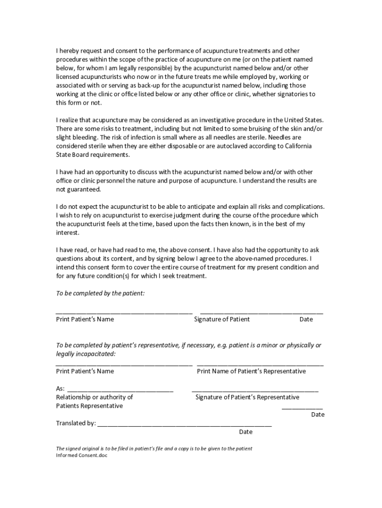 Fillable Online Acupuncture Informed Consent I hereby request and ...