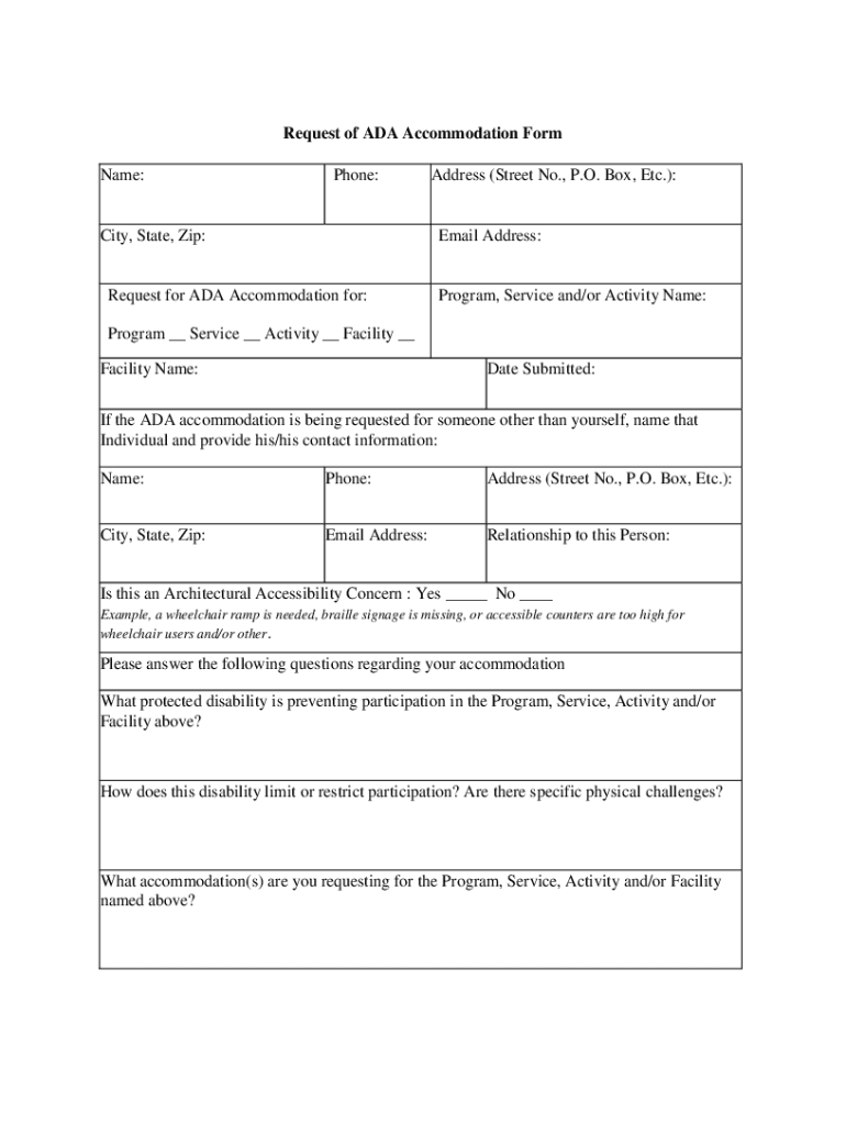 Fillable Online Request of ADA Accommodation Form Name: Phone: Address ...