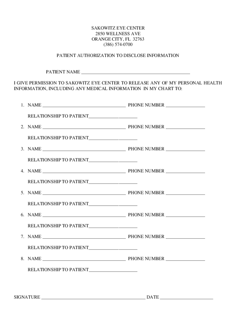 Fillable Online Sakowitz Eye Center 2850 Wellness Ave Orange City, FL ...