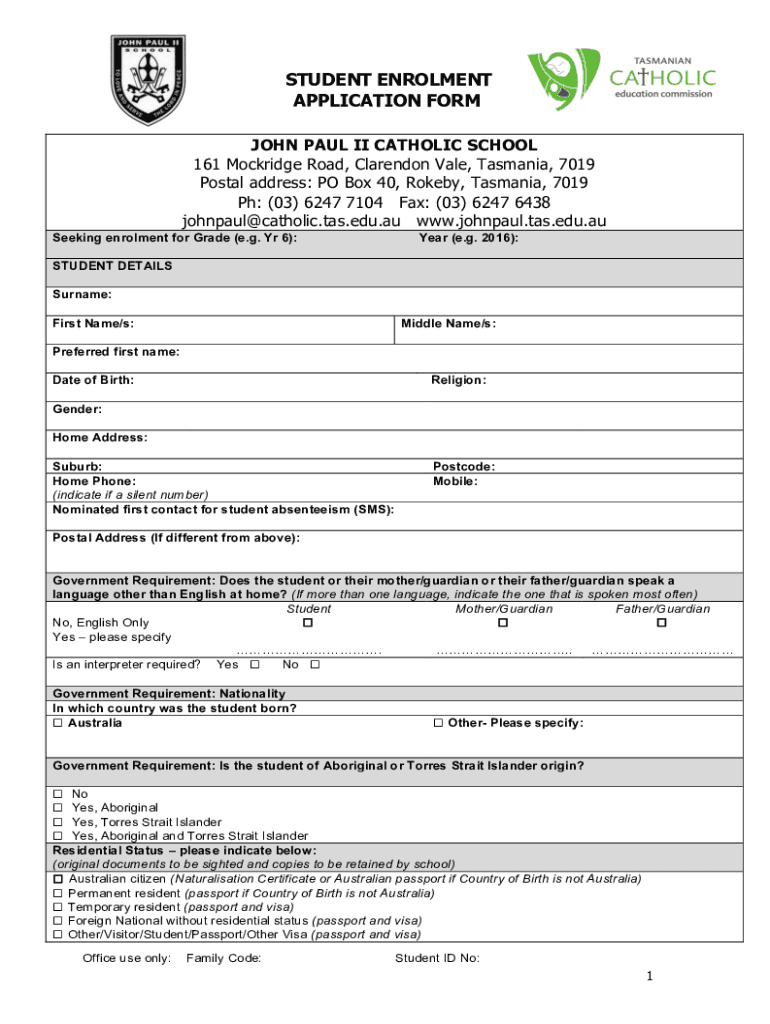 Fillable Online John Paul II Enrolment Form Fax Email Print - pdfFiller