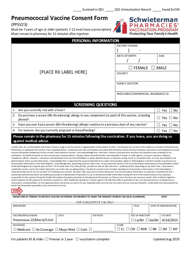 Fillable Online Pneumococcal Vaccine Consent Form - Schwieterman ...