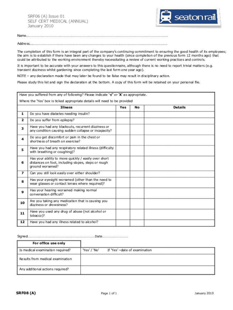 Fillable Online Form SR06 A Self Cert Medical Annual Fax Email Print ...