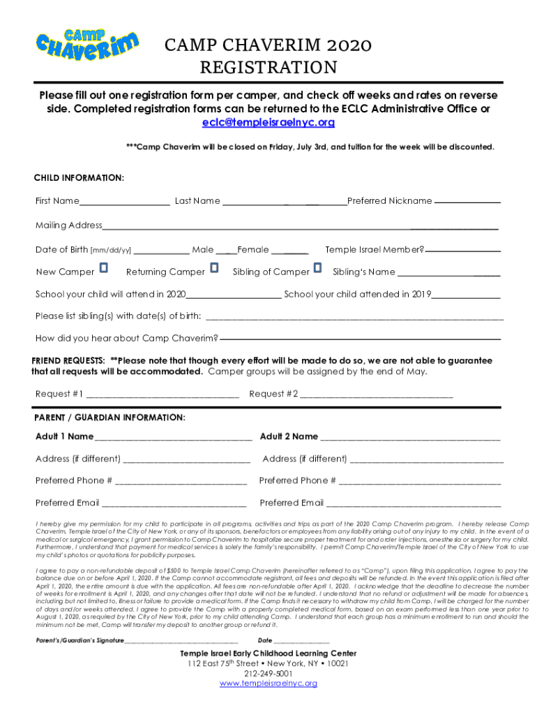 Fillable Online 2020 JCC Summer Camp Experience Chaverim Enrollment Form ... Fax Email Print ...