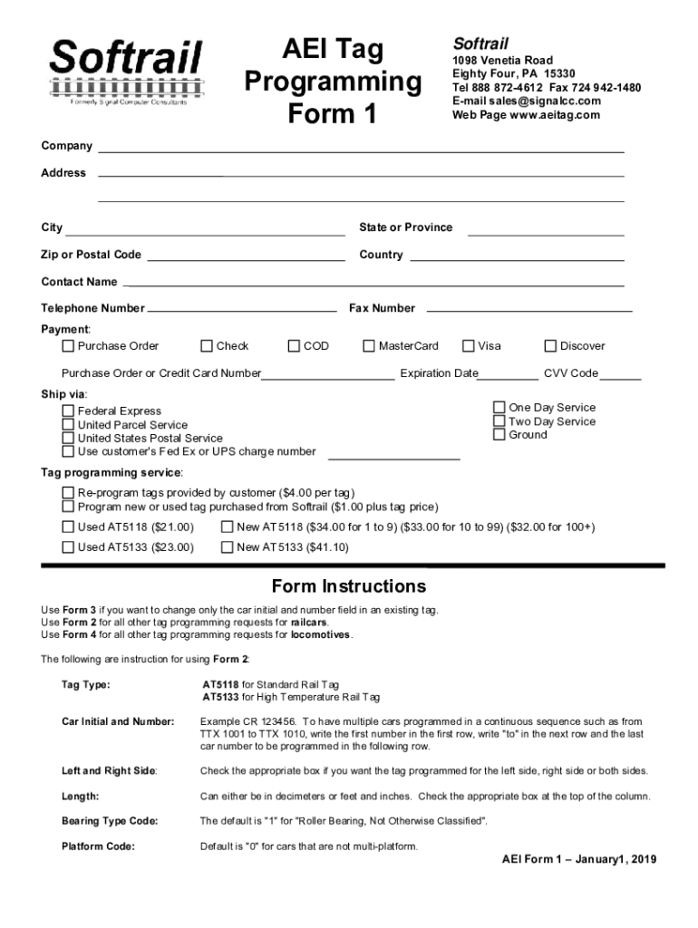 Fillable Online AEI Tag Softrail Programming Eighty Four, PA 15330 Form ...