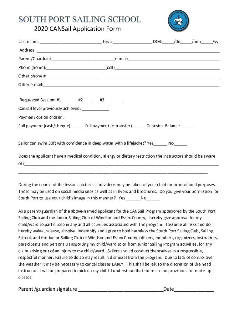 Fillable Online 2020 CANSail Application Form - South Port Sailing Club ...