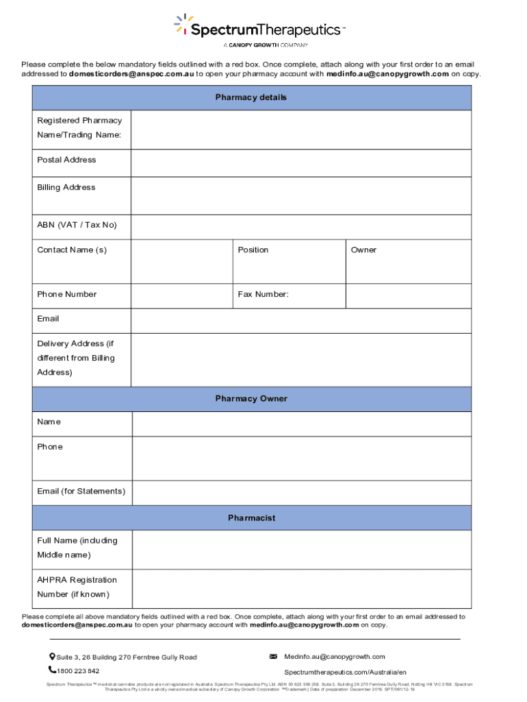 Fillable Online Spectrum Therapeutics Pharmacy Account Opening Form ...
