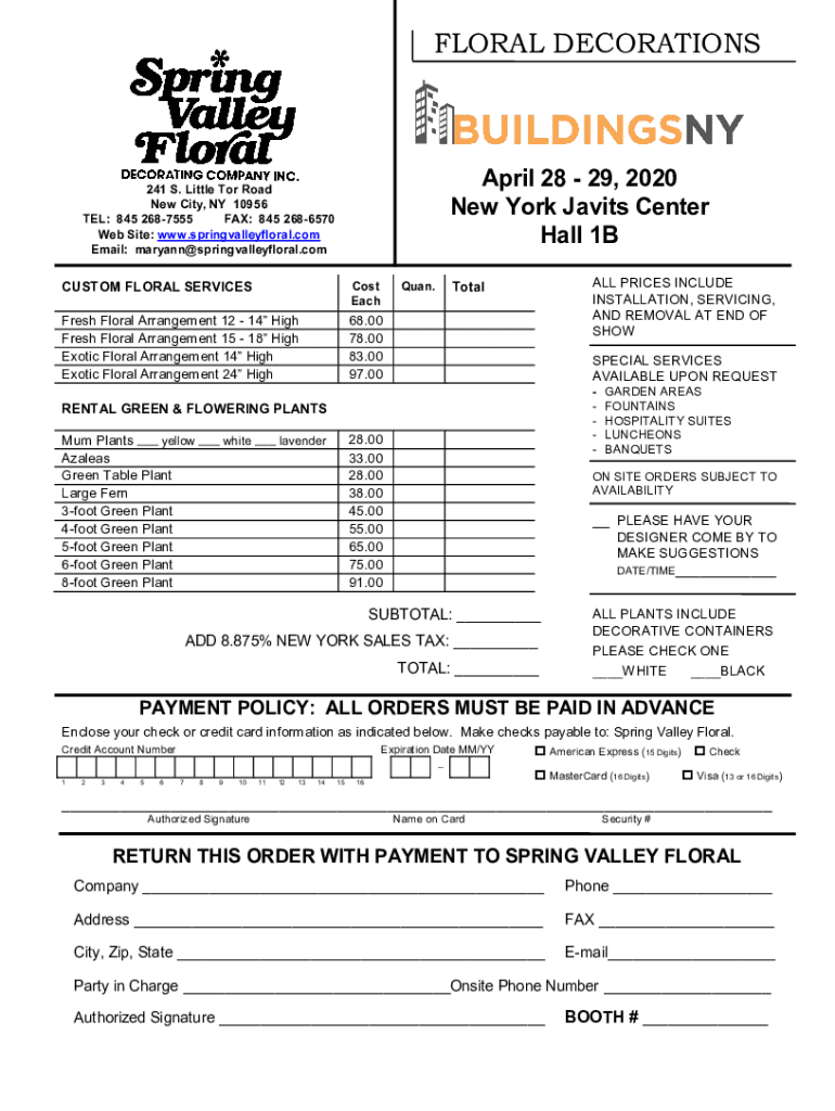 Fillable Online Spring Valley Floral Decorating Co 241 S Little Tor Rd ...