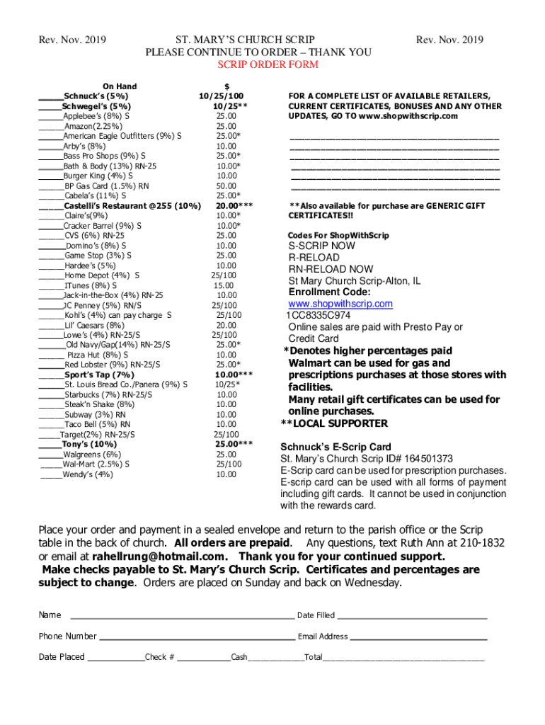 Fillable Online PDF St Mary's Scrip Order Form - St. Mary Catholic School - Spokane, WA Fax ...
