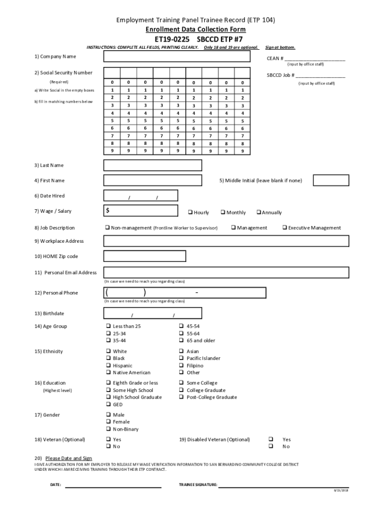 Fillable Online Enrollment Data Collection Form ET19-0225 SBCCD ETP #7 Fax Email Print - pdfFiller