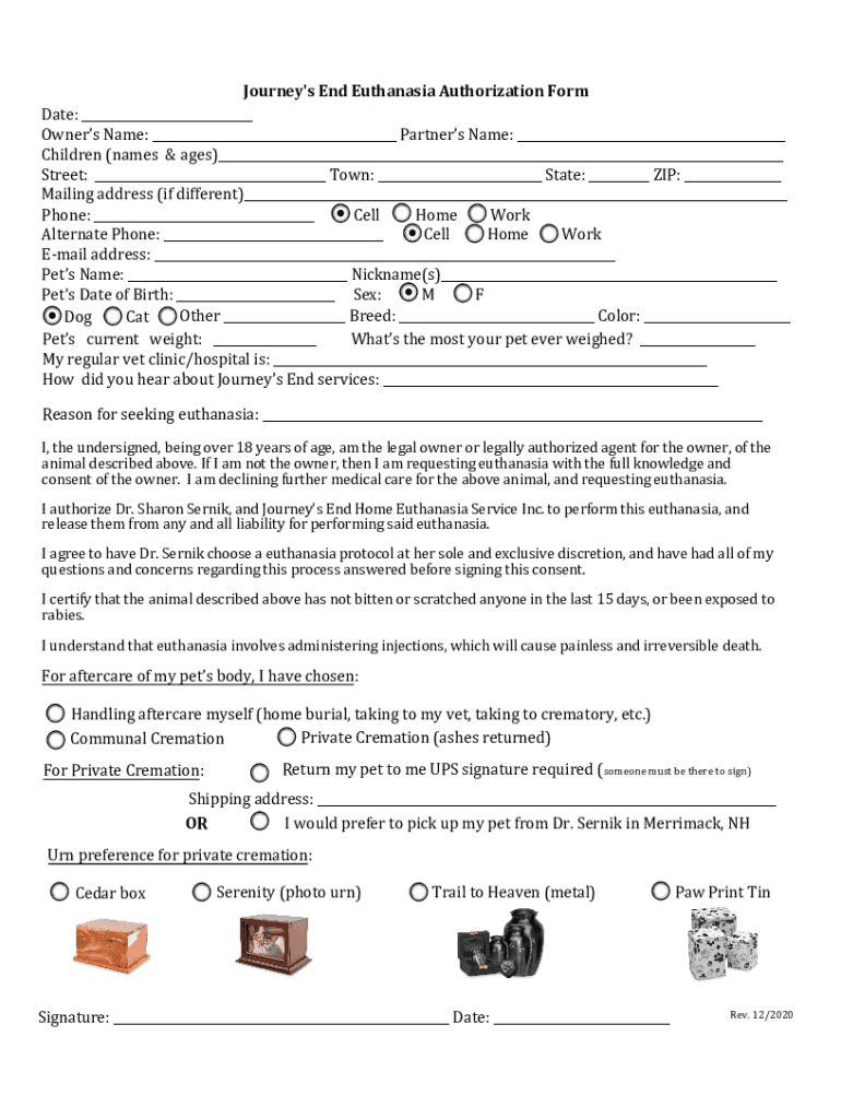 Fillable Online Journey's End Euthanasia Authorization Form Fax Email ...