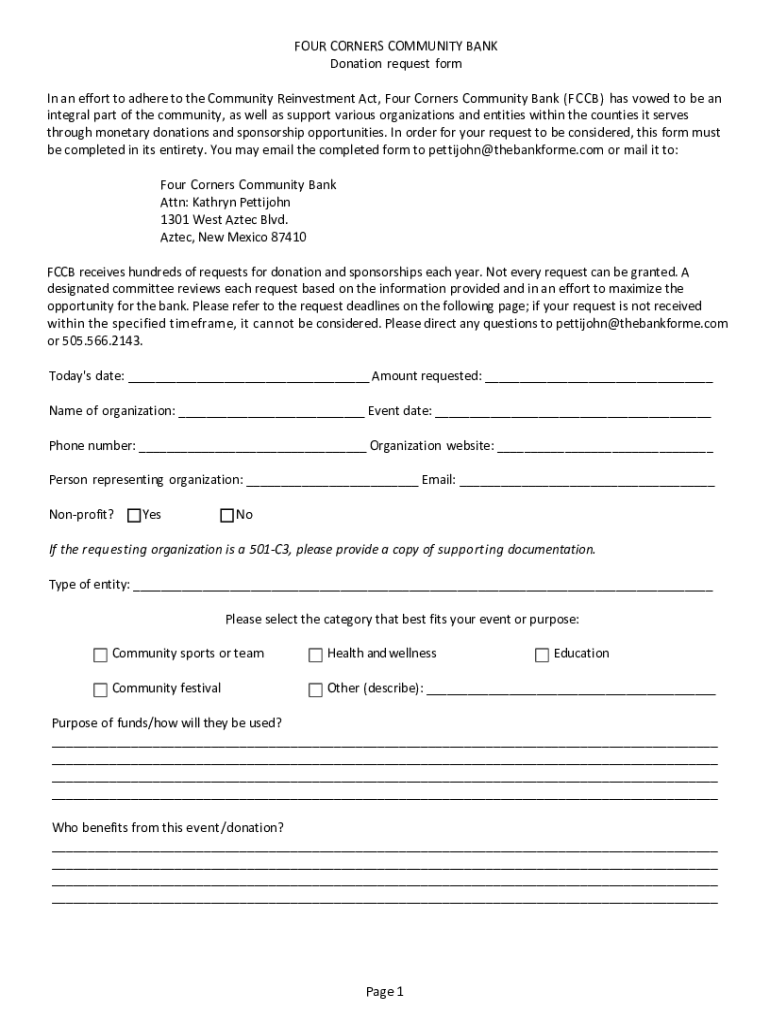 Fillable Online Donation Request Form - Four Corners Community Bank Fax Email Print - pdfFiller