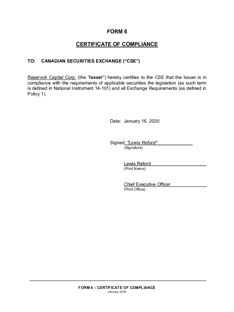 Fillable Online CSE Form 6 - Certificate of Compliance (D0065508xF6ADA ...