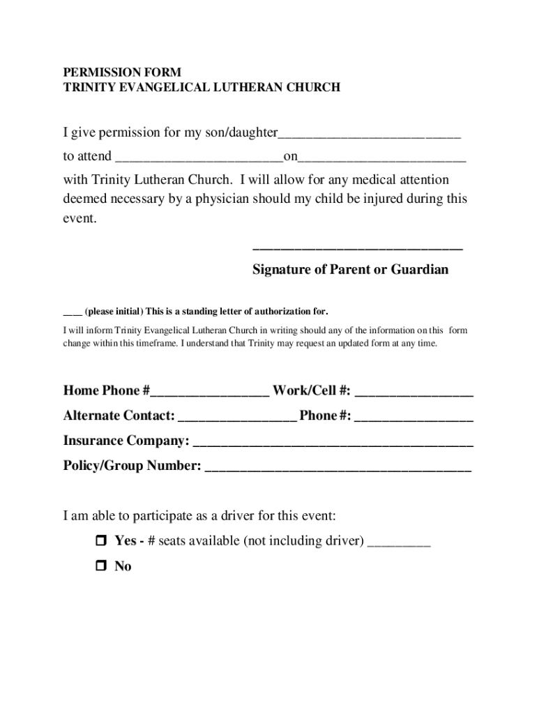 Fillable Online PERMISSION FORM TRINITY EVANGELICAL LUTHERAN CHURCH Fax ...