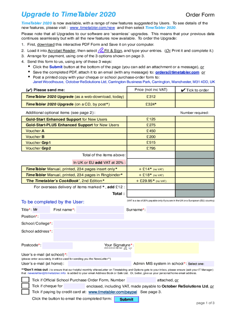 Fillable Online Upgrade to TimeTabler 20 Order Form Fax Email Print ...