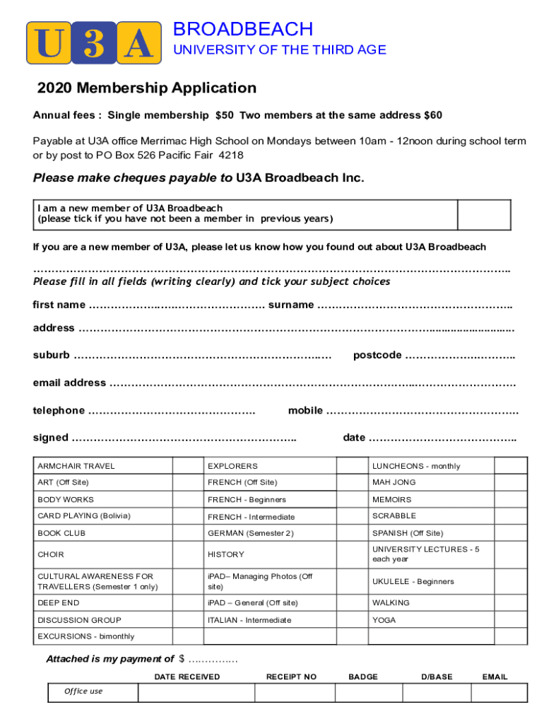 Fillable Online 2020 membership form u3a broadbeach Fax Email Print ...
