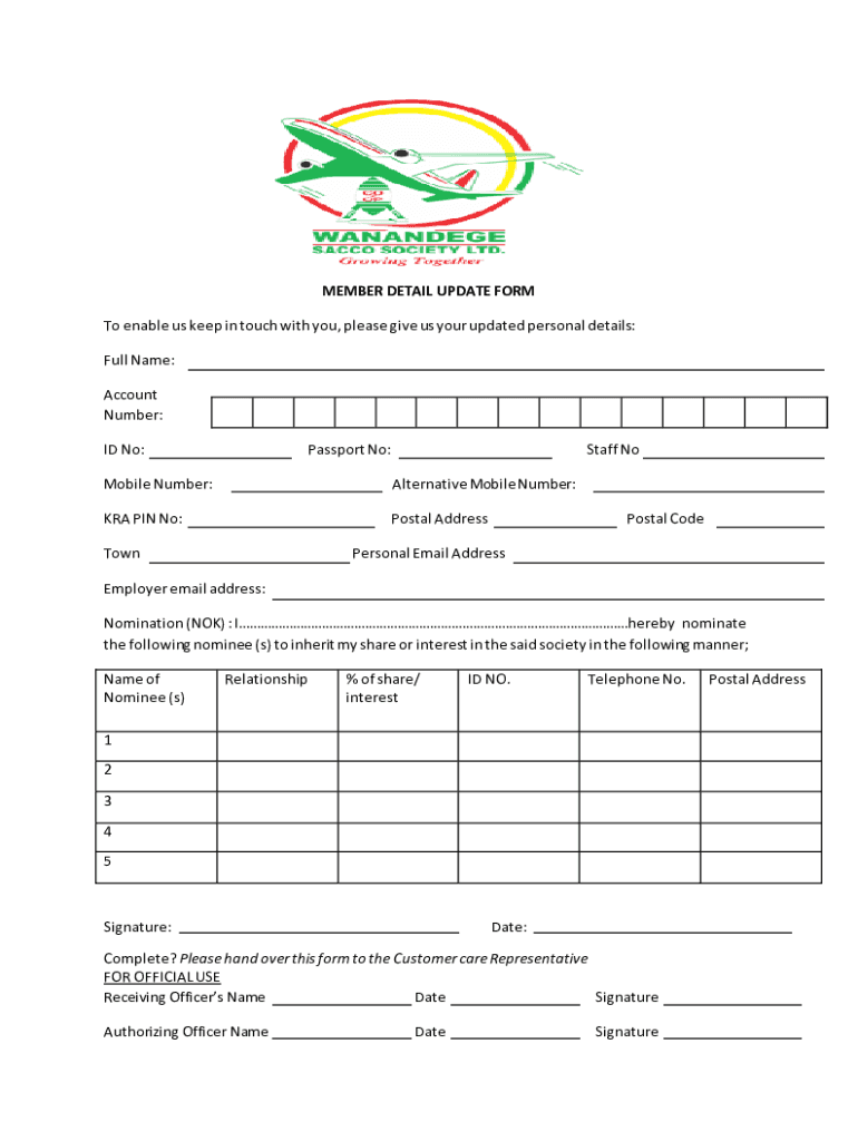 Fillable Online MEMBER DETAIL UPDATE FORM - wanandegesacco.com Fax ...