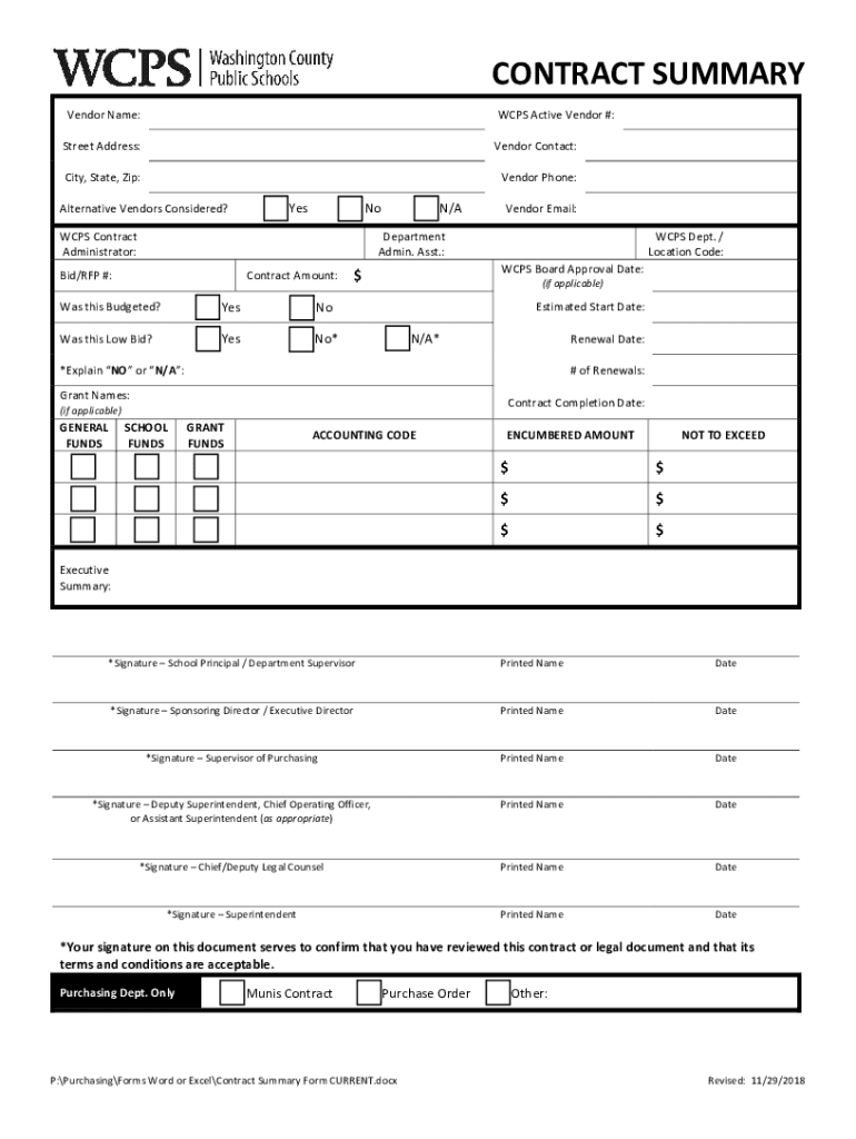 Fillable Online Contract Summary Form CURRENT Fax Email Print - pdfFiller