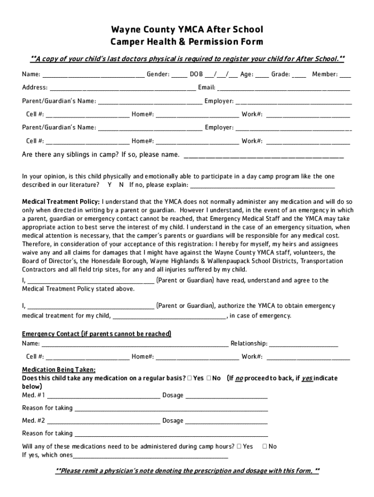 Fillable Online Wayne County YMCA After School Camper Health & Permission Form Fax Email Print ...