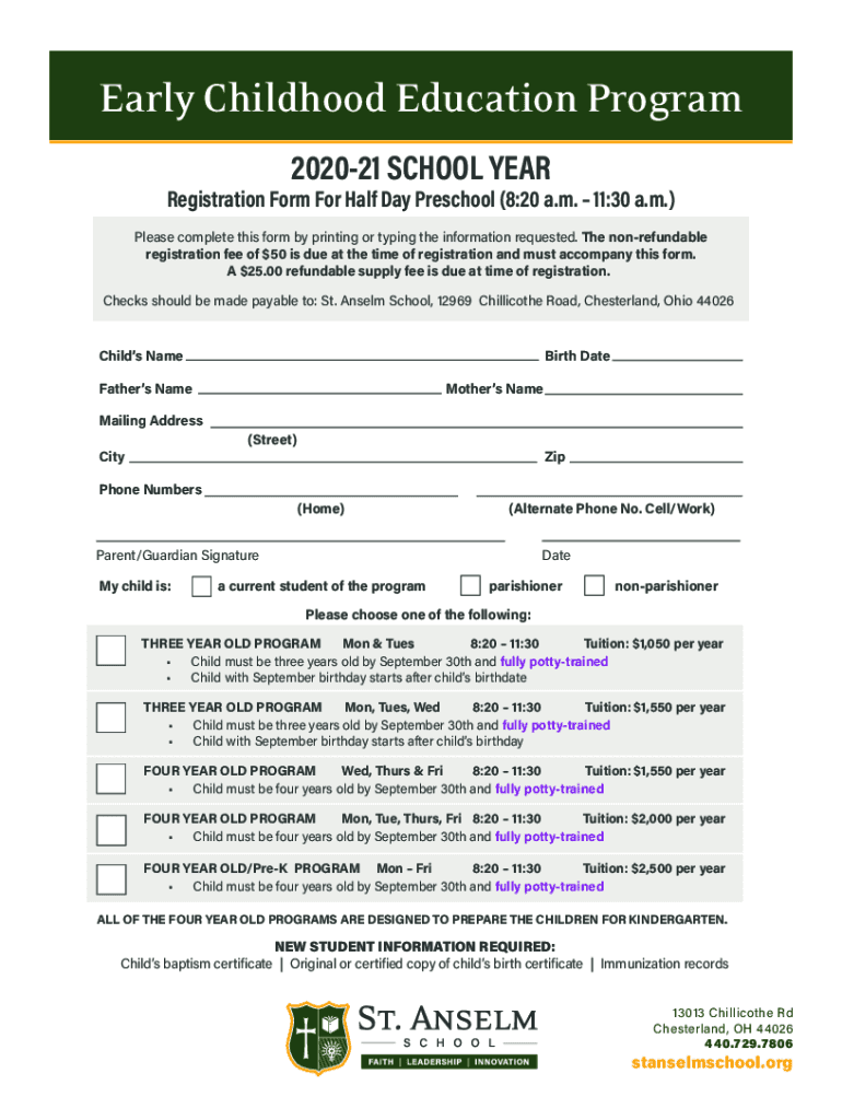 Fillable Online Registration Form For Half Day Preschool (8:20 a Fax ...