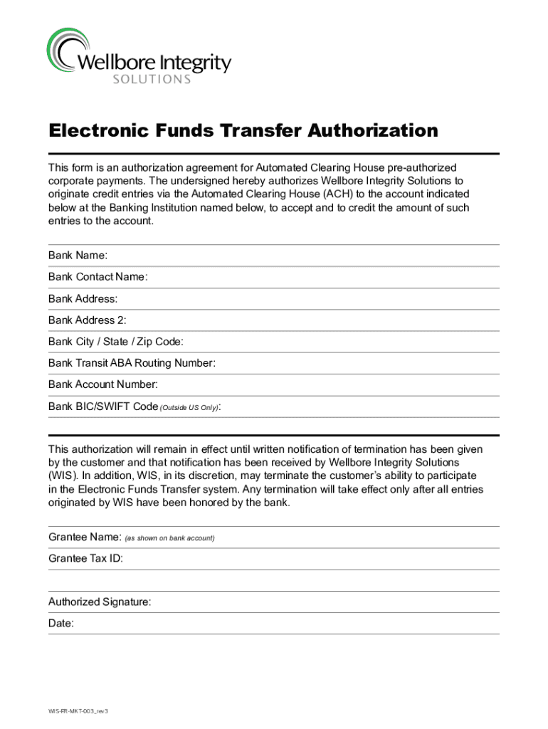 Fillable Online Electronic Funds Transfer (EFT) AuthorizationElectronic ...