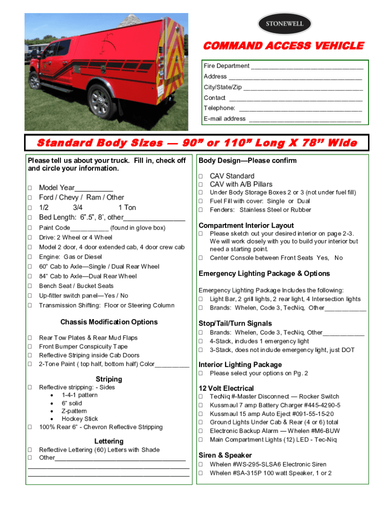 Fillable Online COMMAND ACCESS VEHICLE Standard Body Sizes90 or 110 ...