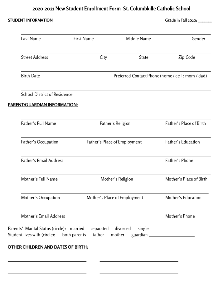 Fillable Online St. Columbkille School New Student Application Form Fax Email Print - pdfFiller
