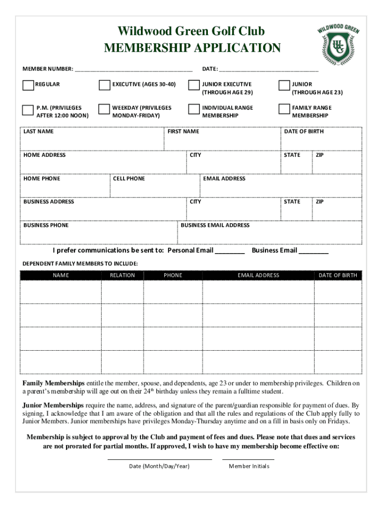 Fillable Online Wildwood Green Golf Club MEMBERSHIP APPLICATION Fax ...