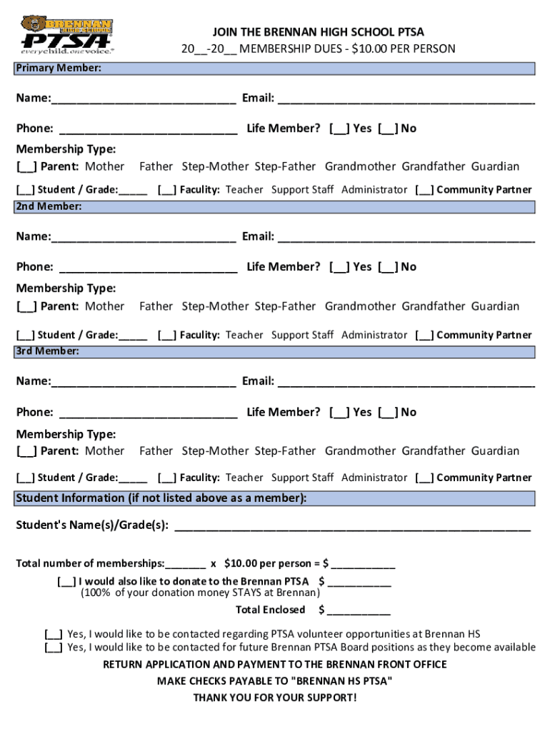 Fillable Online JOIN THE BRENNAN HIGH SCHOOL PTSA MEMBERSHIP DUES - $10 ...