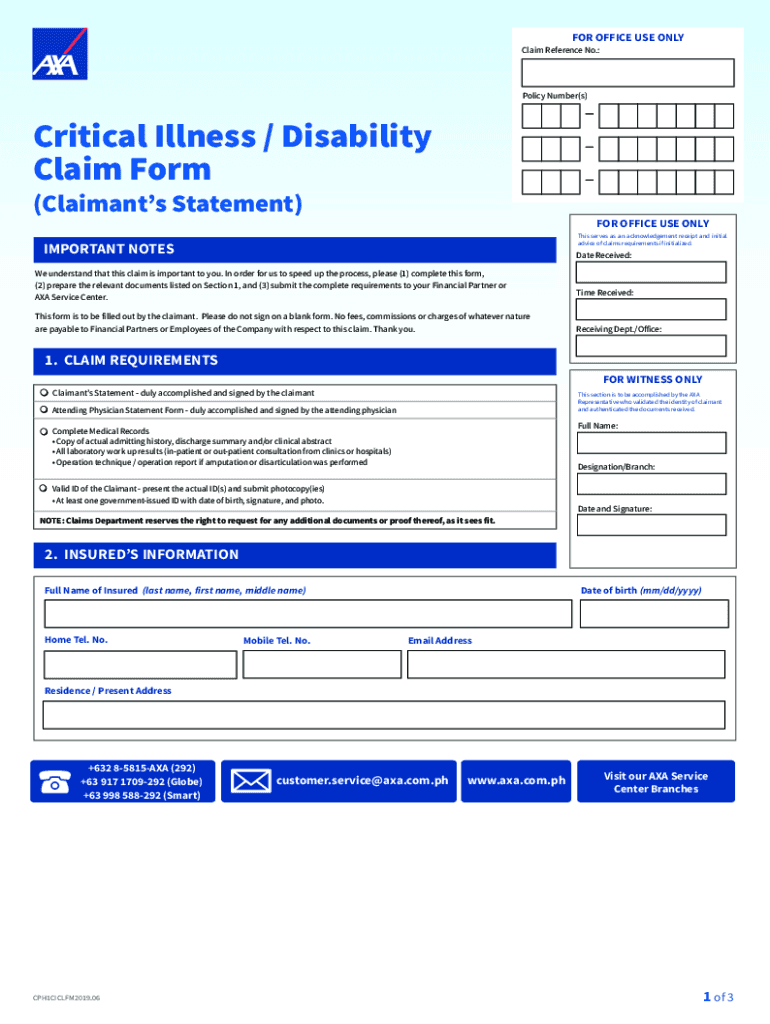 Fillable Online AXA Critical Illness Claim Form07032019 Fax Email Print ...